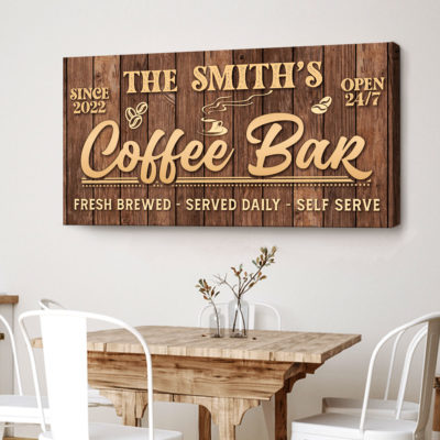 Personalized Coffee Bar Sign, Large Rustic Kitchen Coffee Bar Wall Art ...