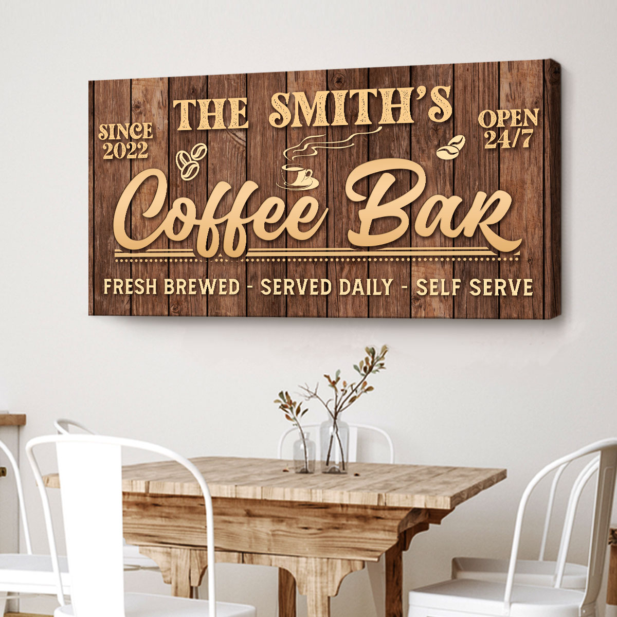 Personalized Coffee Bar Sign, Large Rustic Kitchen Coffee Bar Wall Art ...
